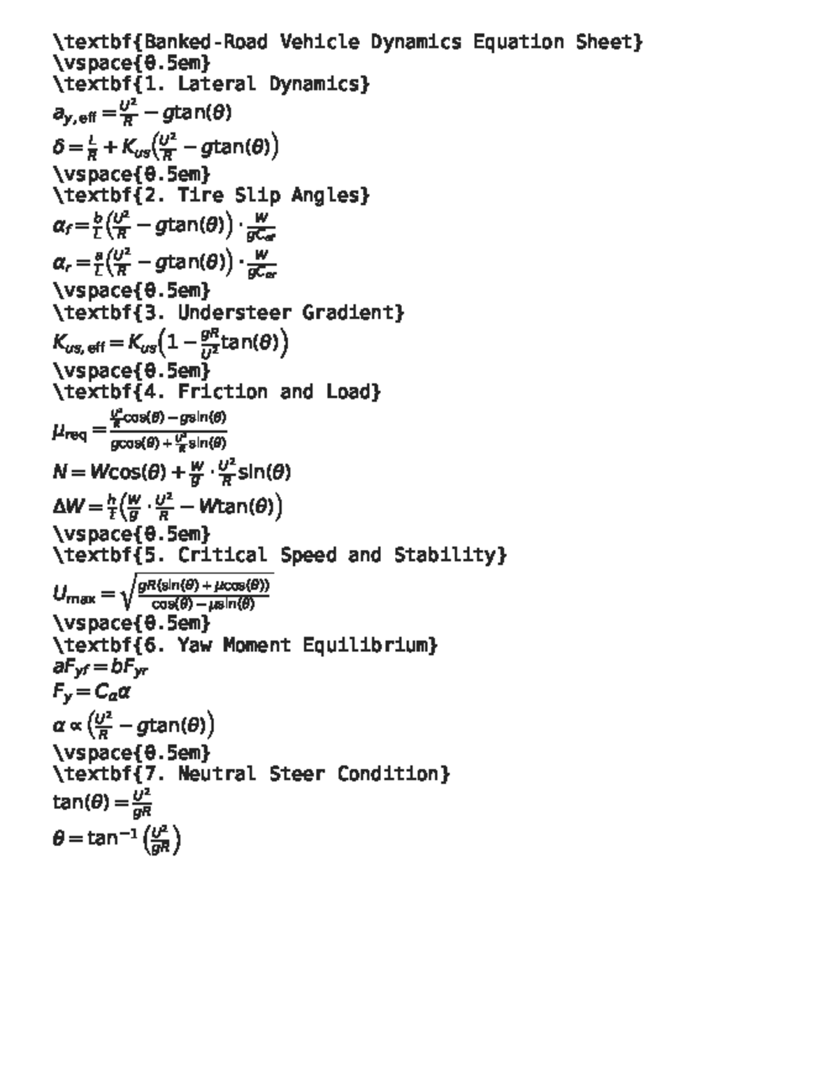Vehicle Dynamics Equation Sheet for Banked Turns (UR2) - Studocu
