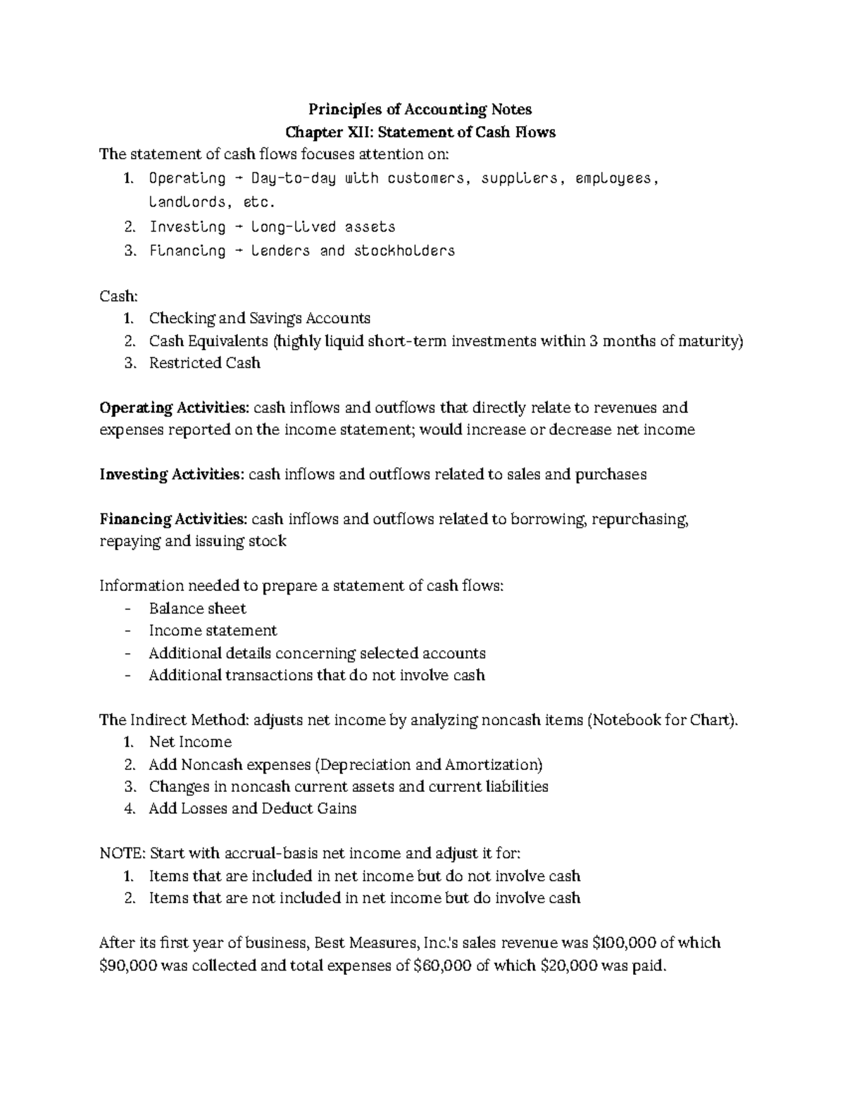 Accounting Chapter XII: Statement of Cash Flows Notes - Studocu