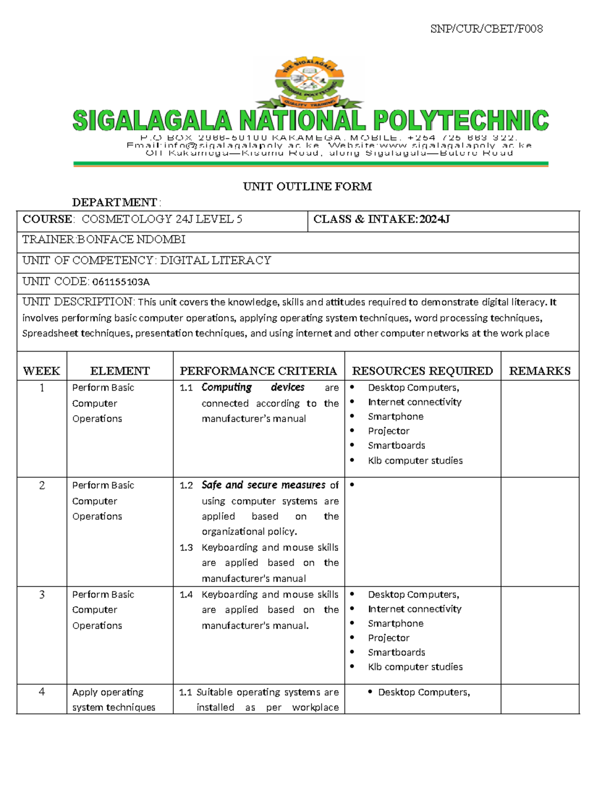 SNP Unit Outline form digtal literacy Level 5 - UNIT OUTLINE FORM ...