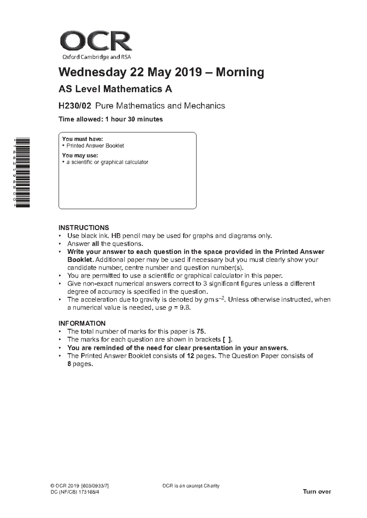 AS Level Mathematics A (H230) Pure & Mechanics Exam Paper - May 2019 ...
