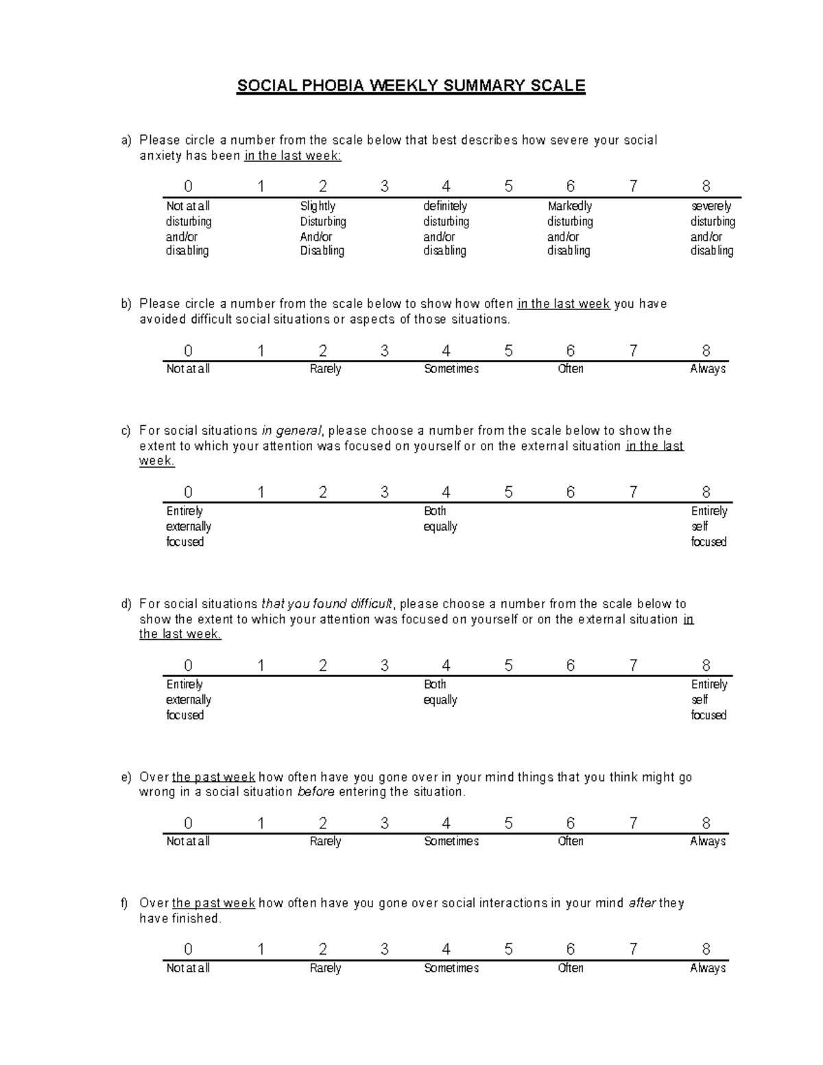 SAD Weekly Summary Scale: Social Anxiety Assessment Tool - Studocu