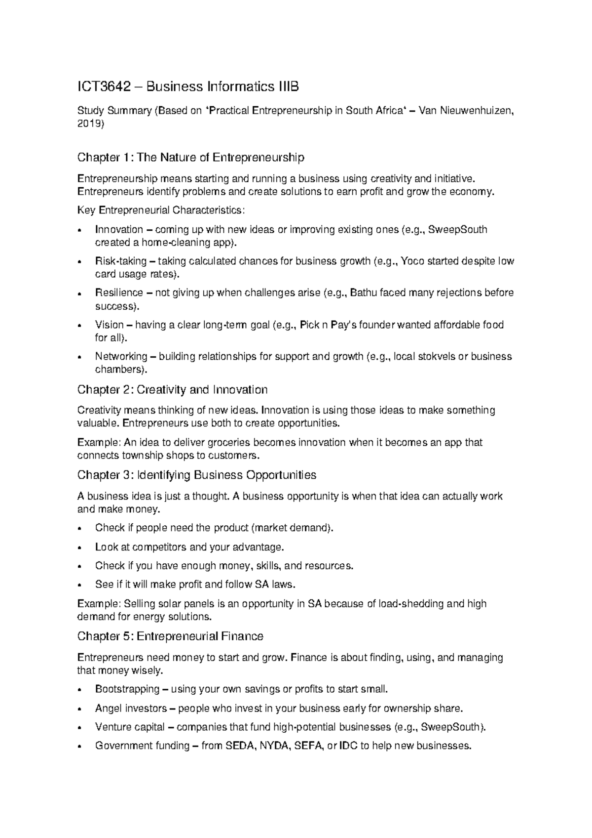 ICT3642 Business Informatics Exam Study Summary: Entrepreneurship ...