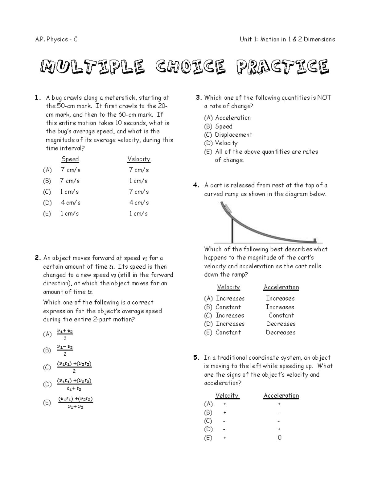 APC Physics C Unit 1: Motion in 2D Multiple Choice Test - Studocu