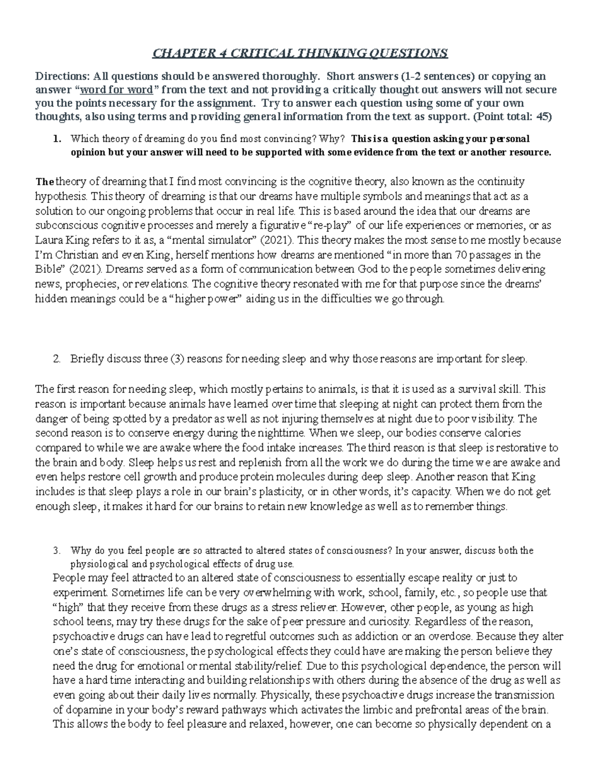 Ch. 4 Critical Thinking Questions - Dreaming Theories & Sleep ...