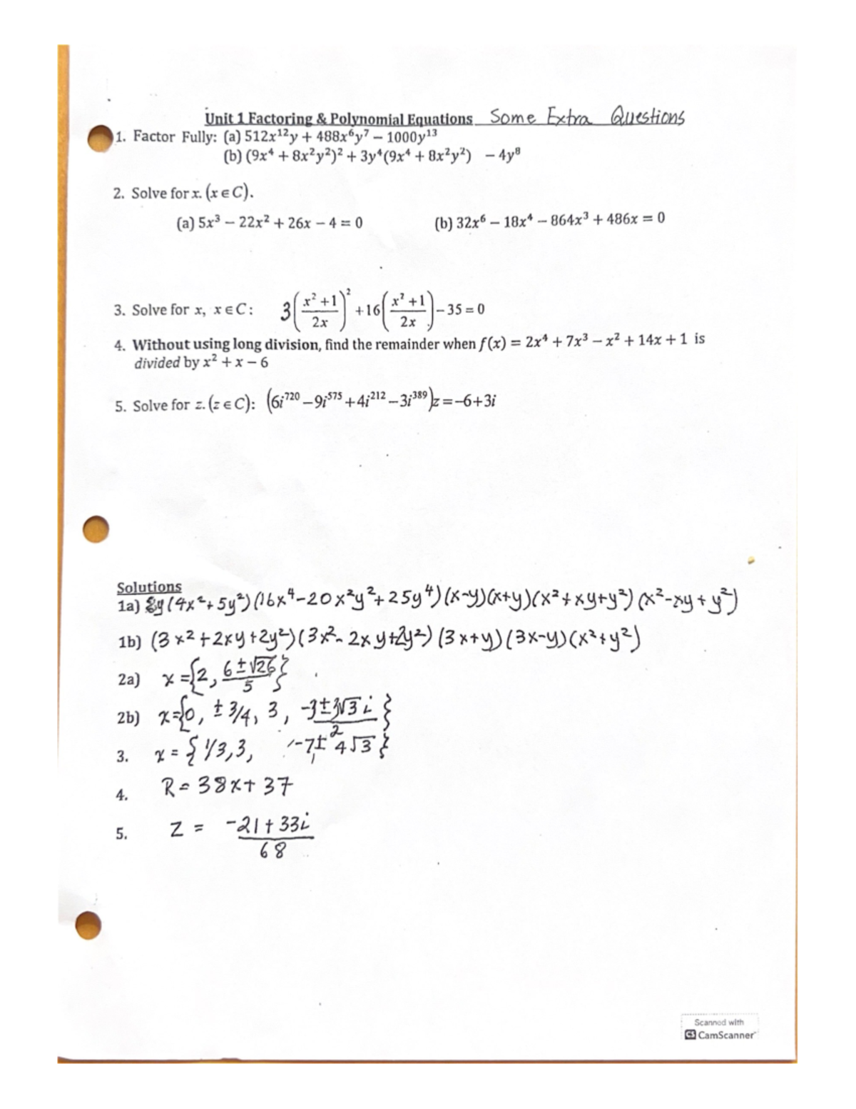 Unit 1 Factoring & Polynomial Equations Some Extra Questions - Factor ...