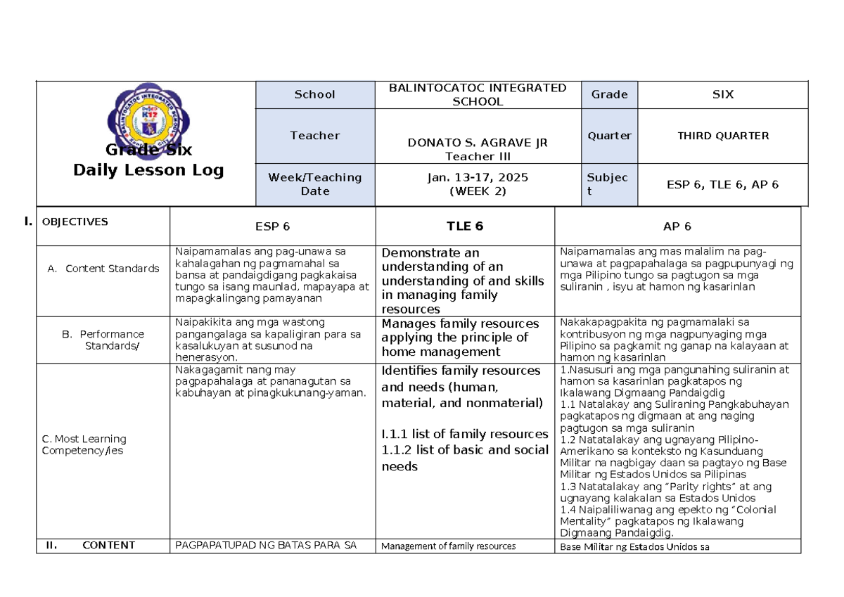 Weekly Lesson Log for Grade 6 - ESP 6, TLE 6, AP 6 - Week 2 - Studocu