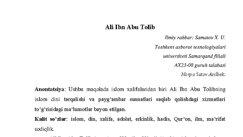 Ali Ibn Abu Tolib: Islom Tarixi va Xalifalik Haqida Ma'lumotlar (AX23 ...