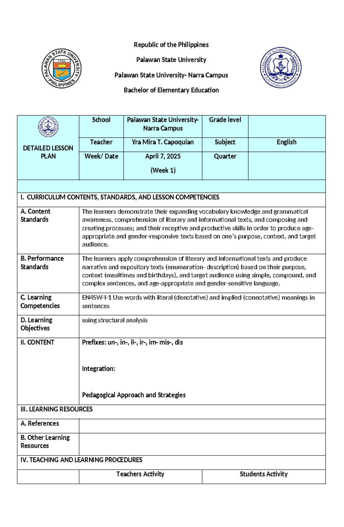 English DLP - Detailed lesson plan for grade level 1 - Studocu