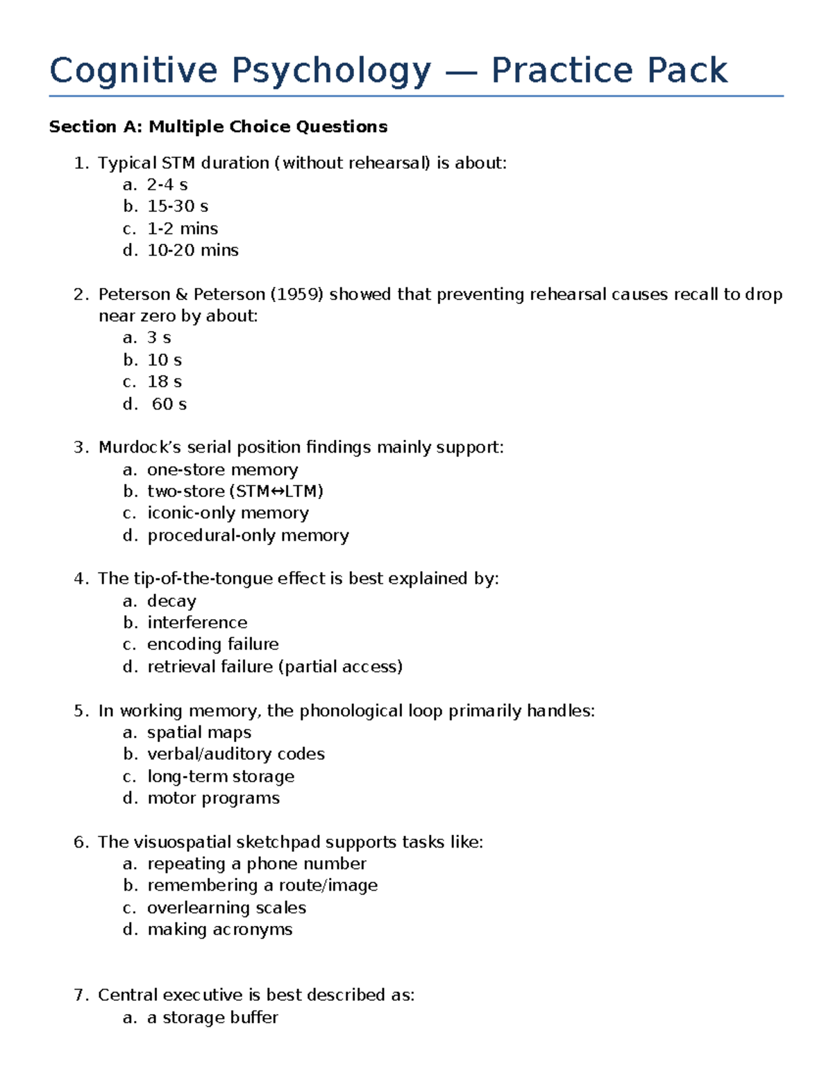 Cognitive Psychology PSY101 Practice Test Questions and Answers - Studocu