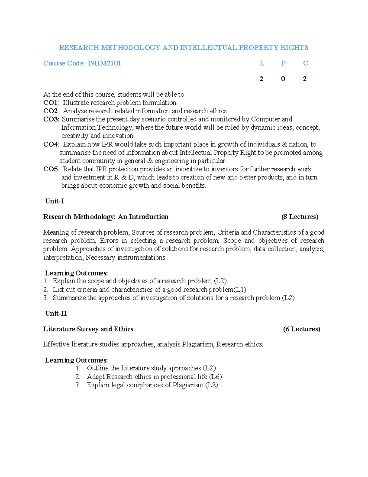19HM2101 - Research Methodology & IPR Notes - Studocu