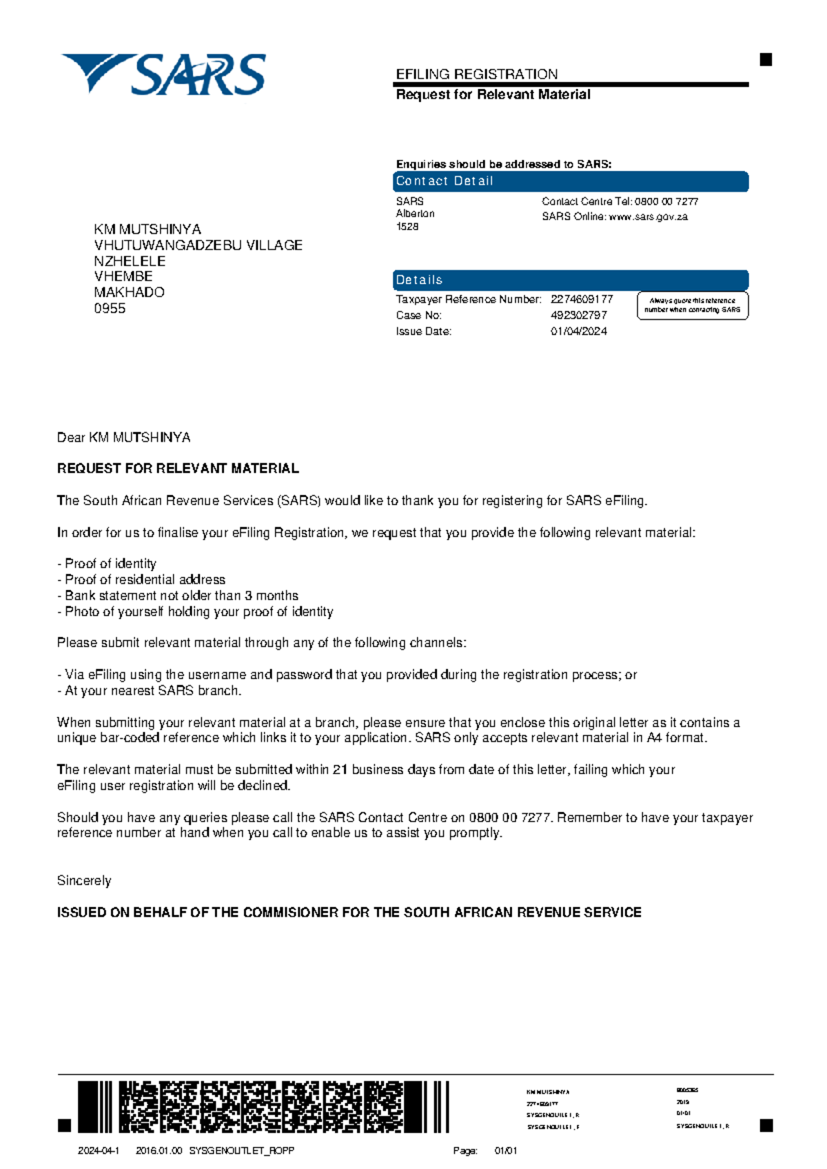 Request for Relevant Material - SARS eFiling Registration - Studocu