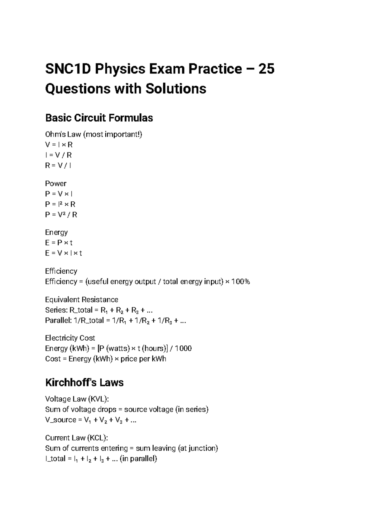 SNC1D Physics Final Exam Practice: 25 Questions & Solutions on Circuits ...