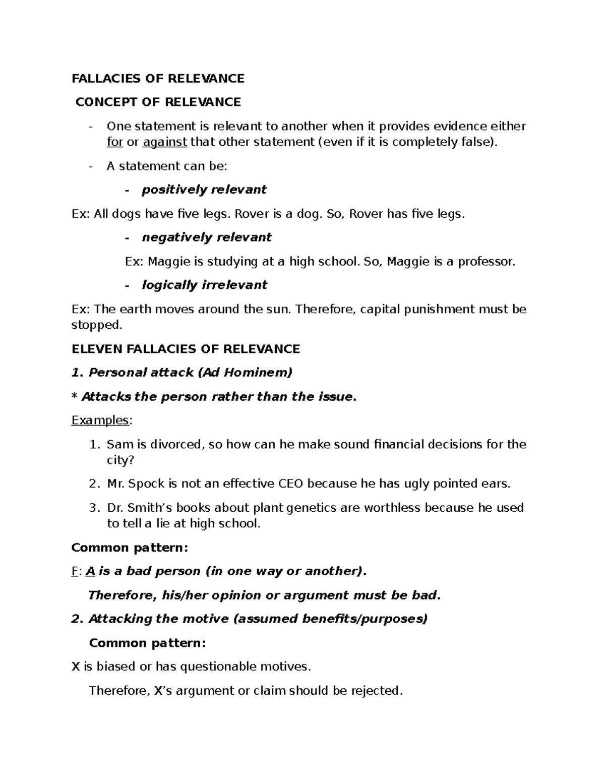 Review - Final - Fallacies of Relevance and Insufficient Evidence in ...