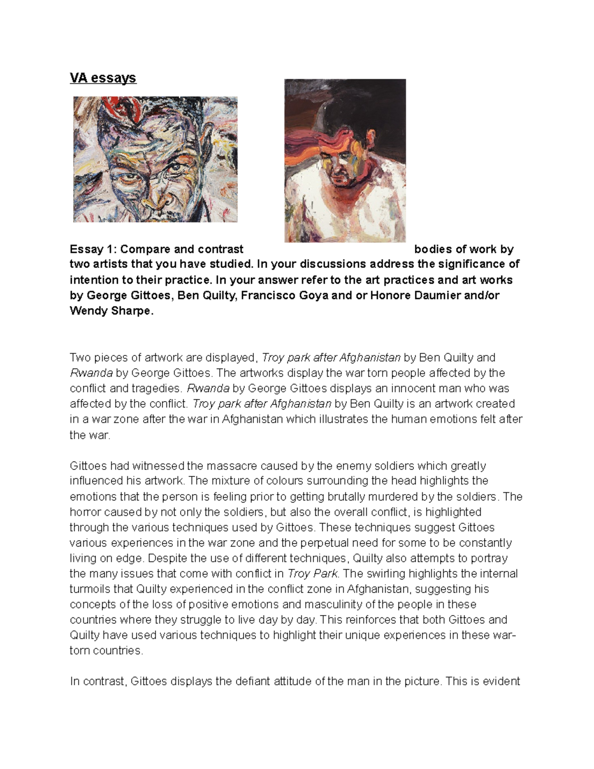 VA Art Analysis Essays: Comparing Gittoes, Quilty, Goya & Daumier - Studocu