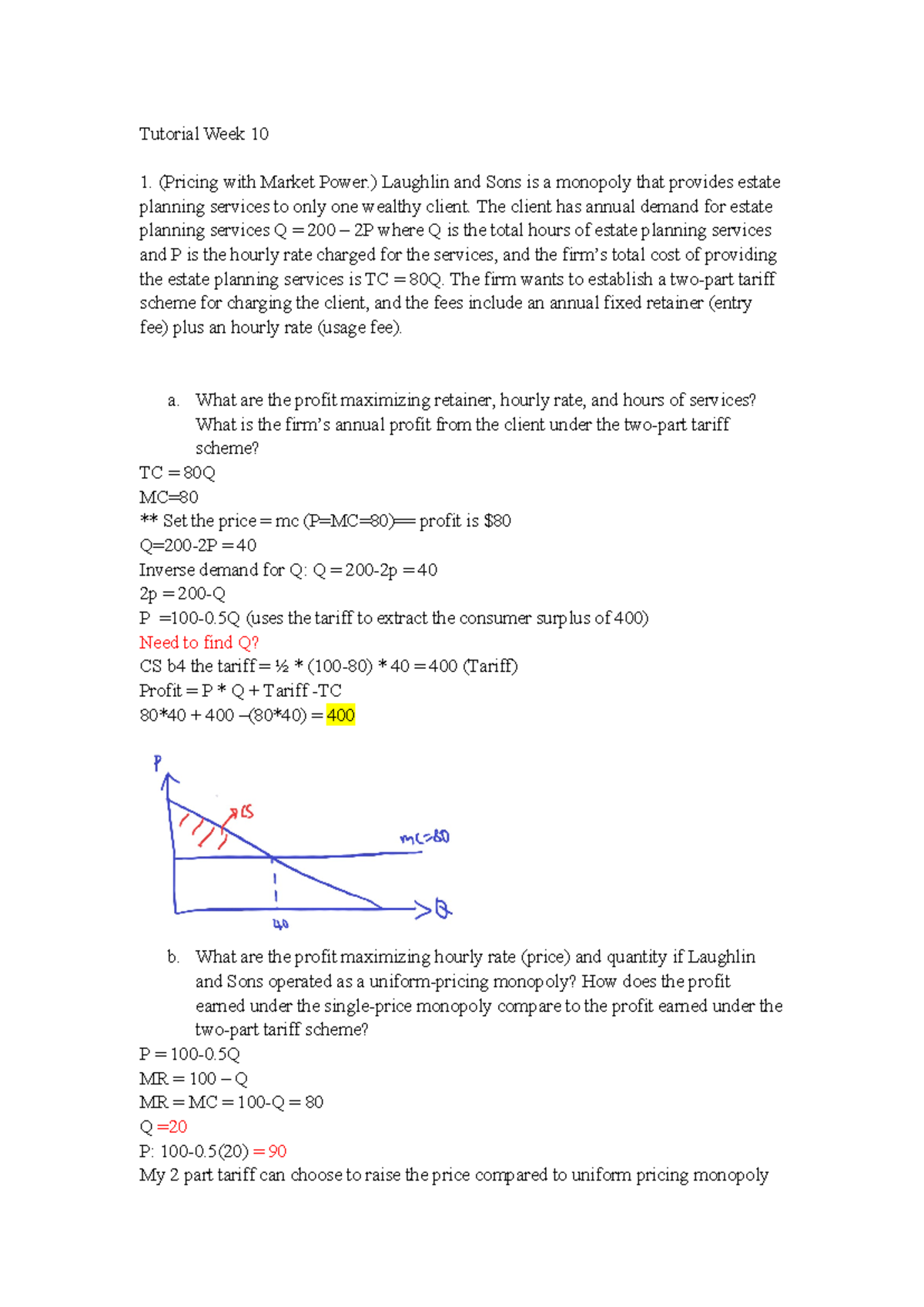 Tutorial Week 10 - no answers - Tutorial Week 10 (Pricing with Market ...