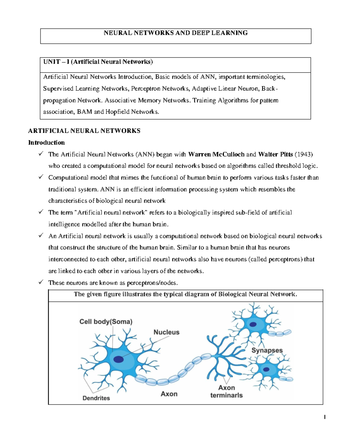 NN-DL Unit 1 Lecture Notes: Introduction to Artificial Neural Networks ...