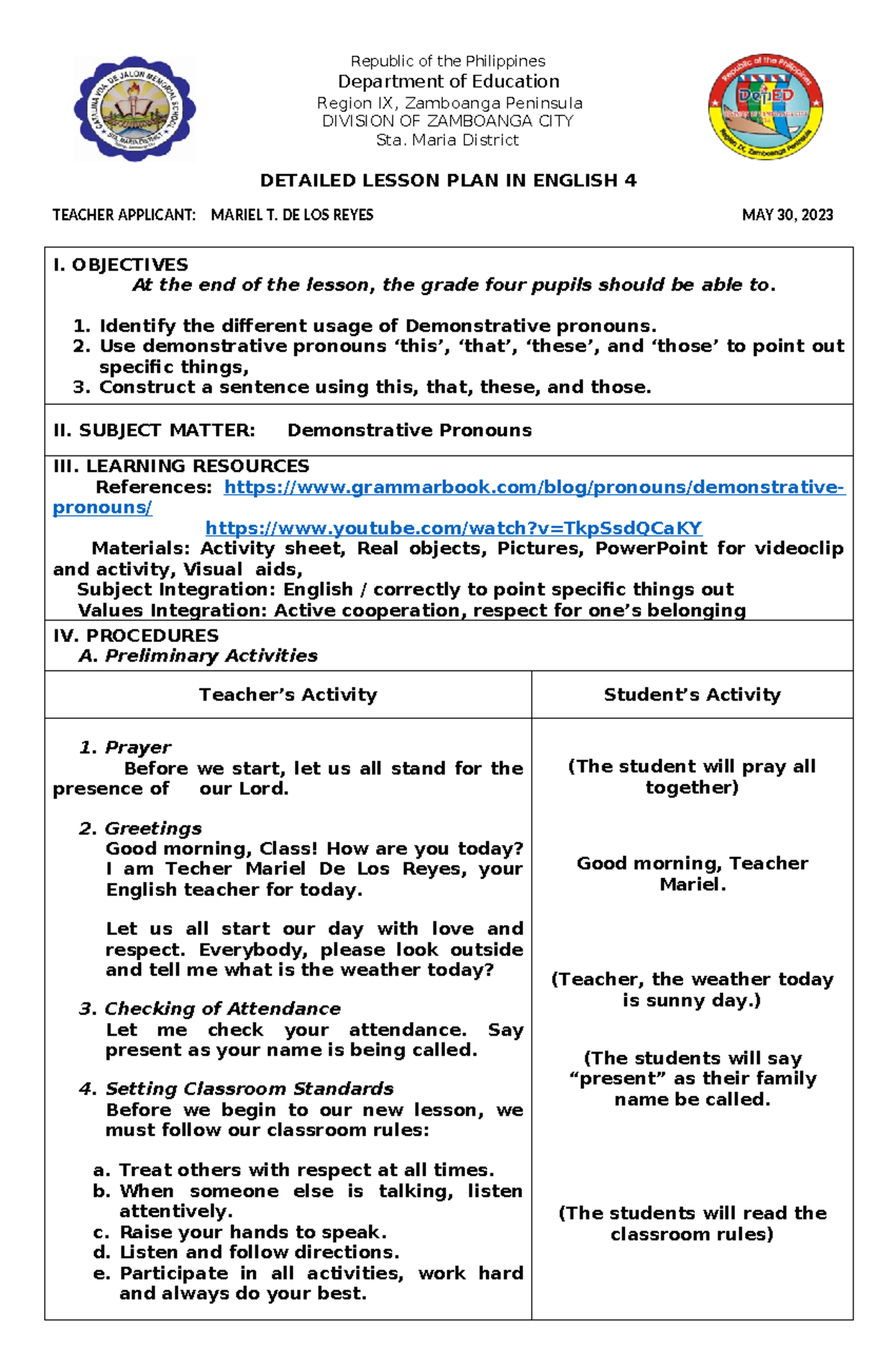 Detailed Lesson Plan in English 4: Demonstrative Pronouns - Studocu