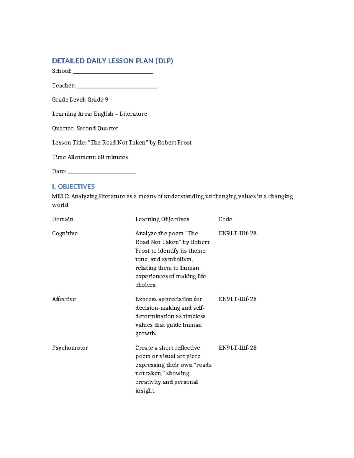 Detailed Daily Lesson Plan (DLP) for Grade 9: The Road Not Taken - Studocu