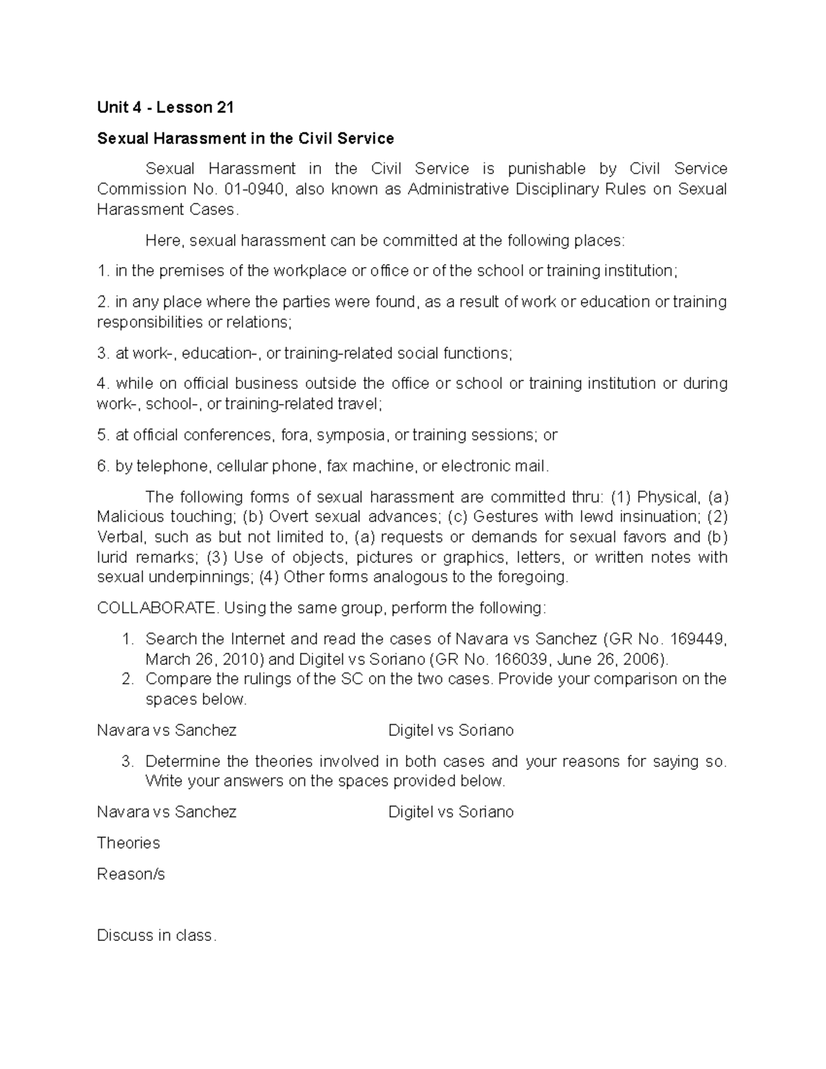 Unit 4 - Lesson 21: Sexual Harassment in Civil Service Regulations ...