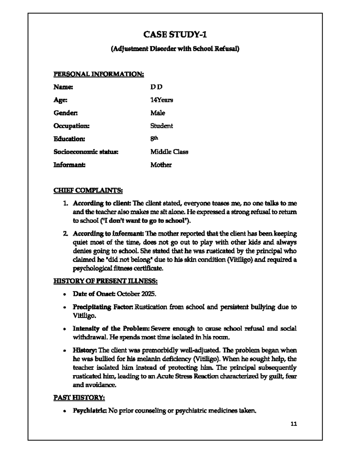 CASE STUDY: Adjustment Disorder with School Refusal (DD, 14Y) - Studocu