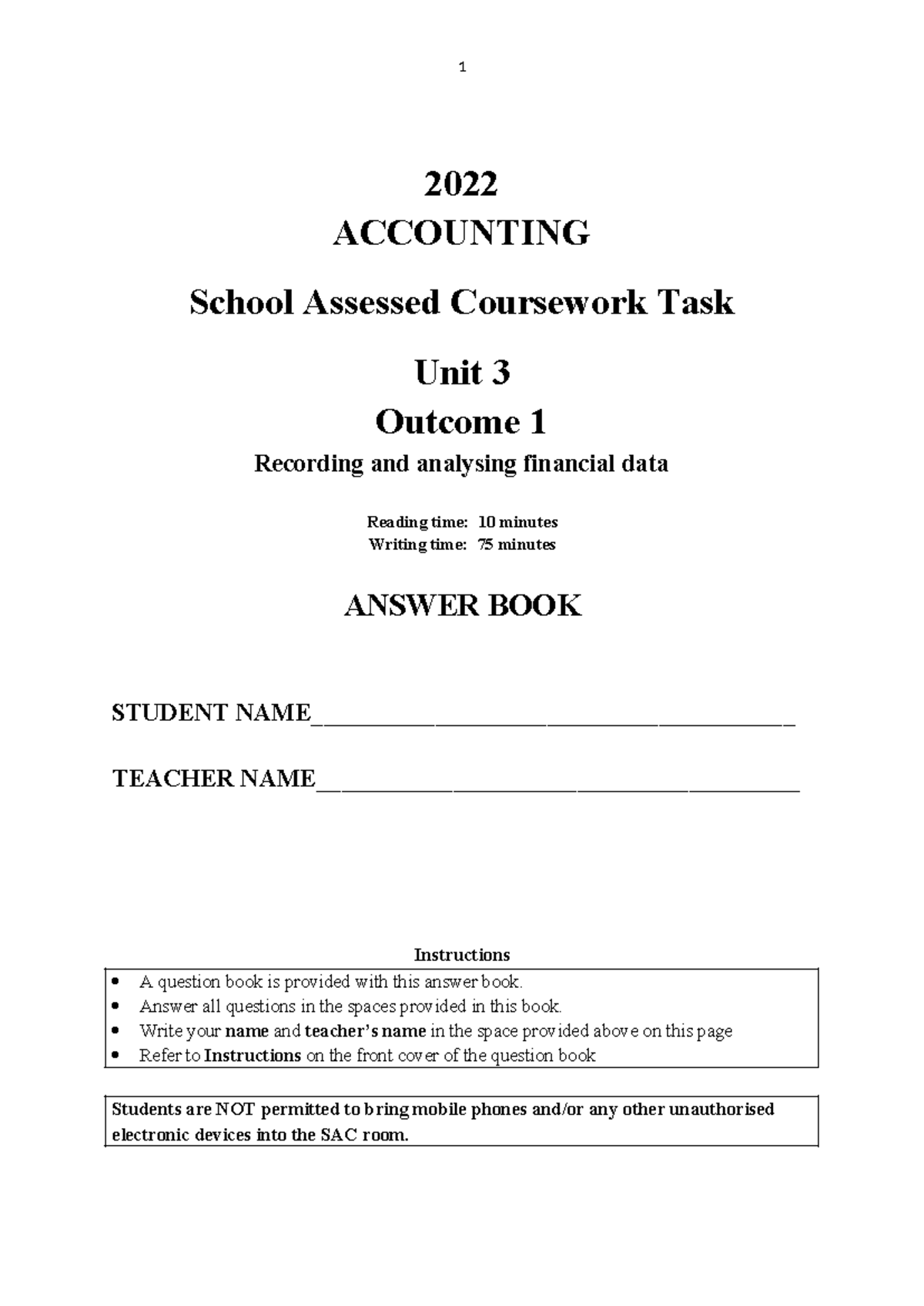 2022 Accounting Unit 3 Outcome 1 SAC - Answer Booklet - Studocu