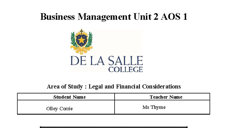 Business Management Unit 2 AOS 1: Legal & Financial Considerations Case ...