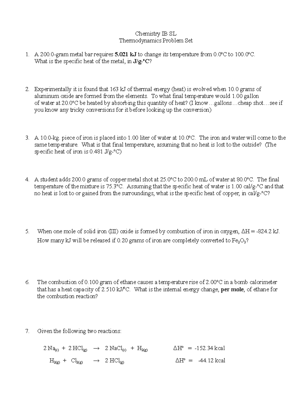 Chemistry IB SL Thermodynamics Problem Set 1: Heat Calculations - Studocu