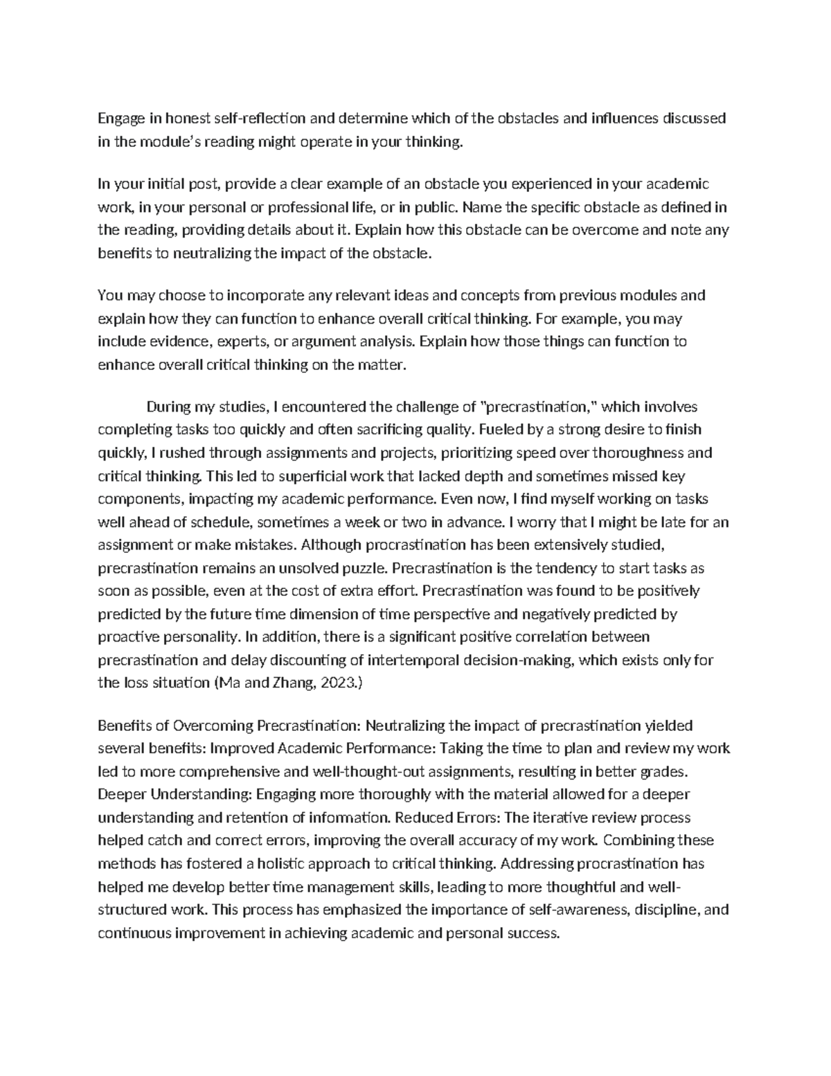 PHL 111 Obstacles to Critical Thinking: Overcoming Precrastination ...