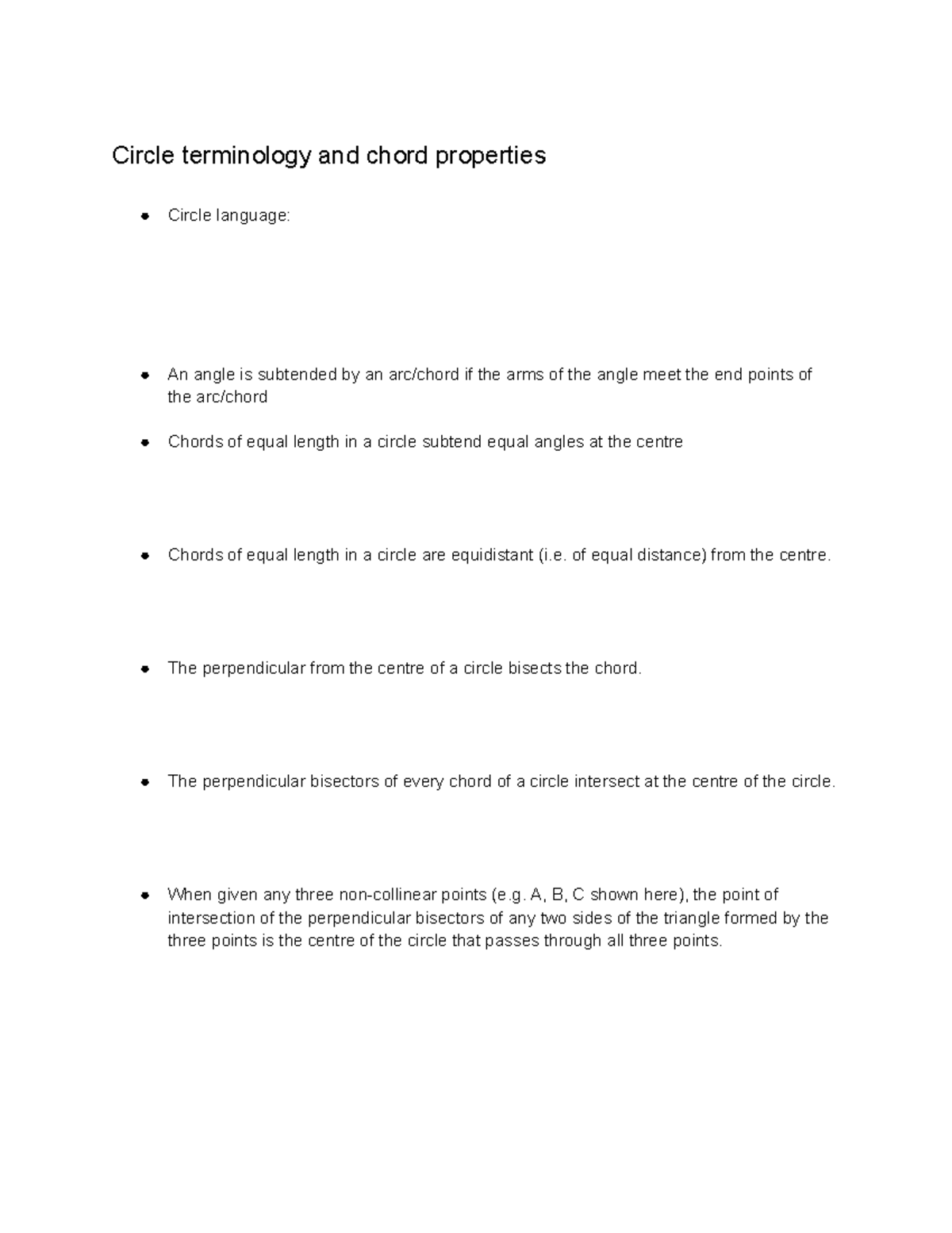 Circle Geometry: Terminology & Chord Properties (MATH101) - Studocu