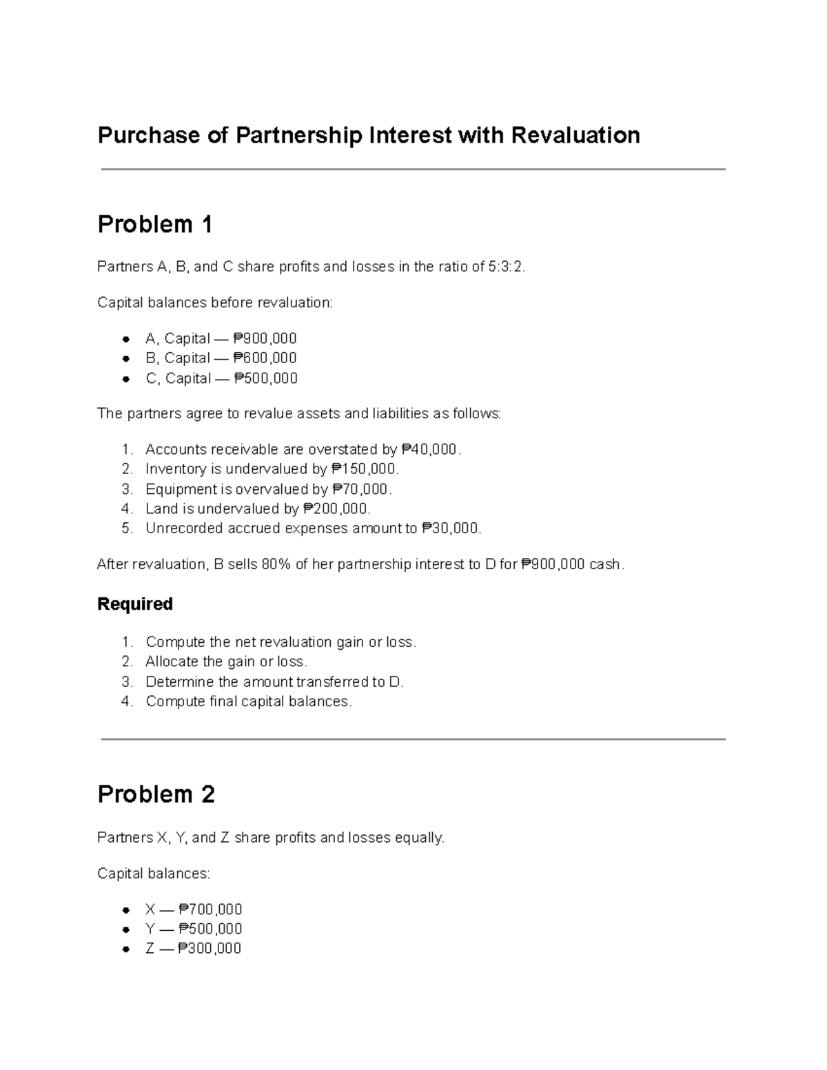 Partnership Interest Purchase & Revaluation Problems (ACCT 301) - Studocu