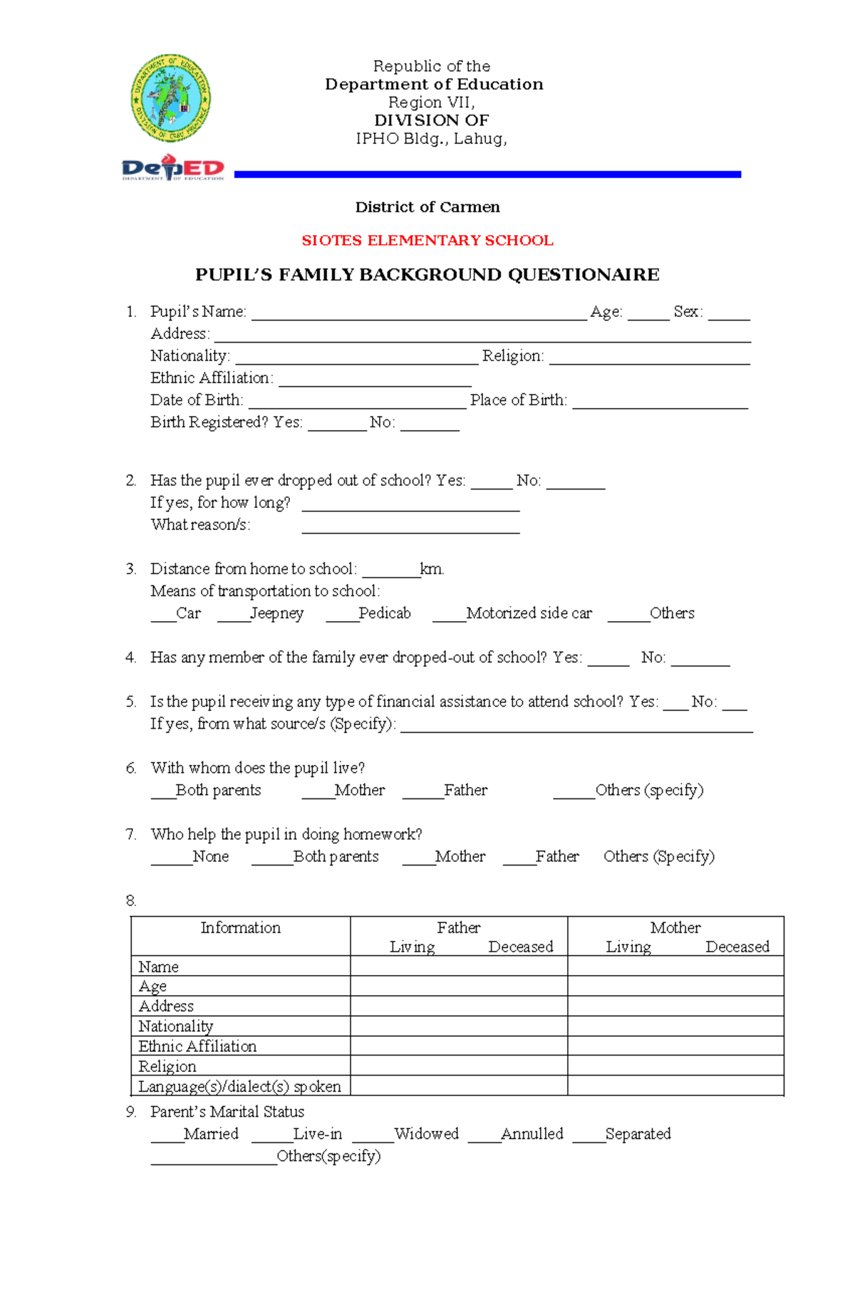 Pupil Family Background Questionnaire – Siotes Elementary School - Studocu