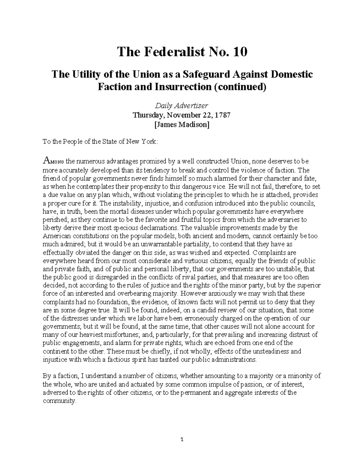 The Federalist No. 10: The Role of Union in Controlling Faction ...