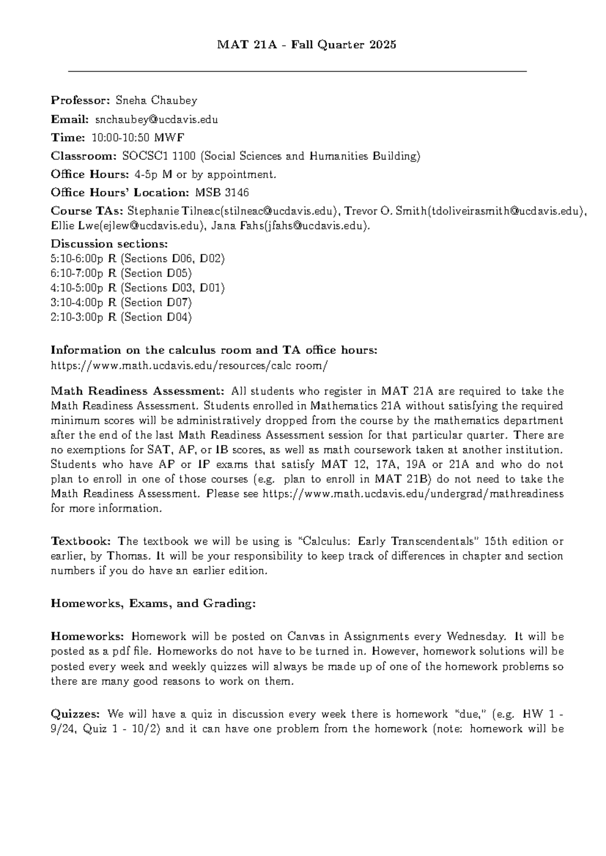 Syllabus for MAT 21A - Fall Quarter 2025 - Studocu