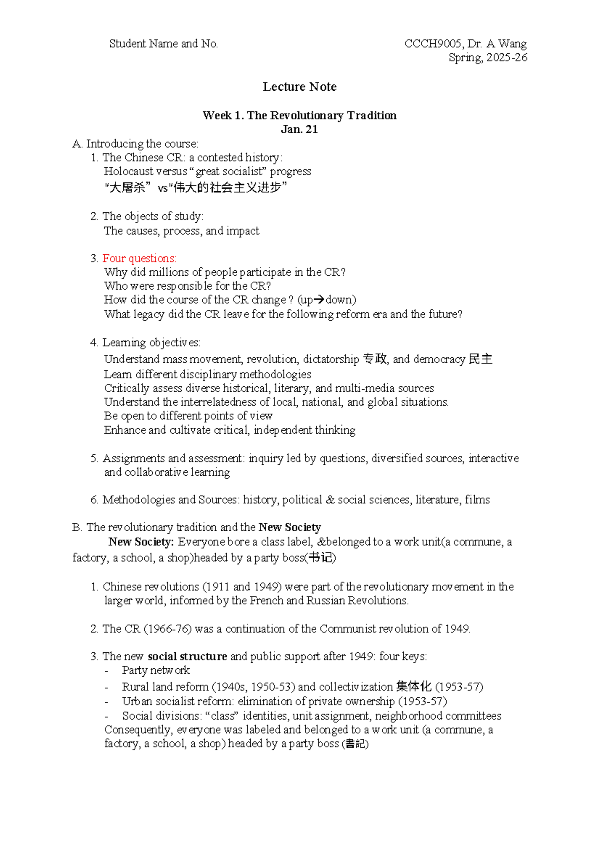 CCCH9005 Lecture Notes: Week 1 - The Revolutionary Tradition - Studocu