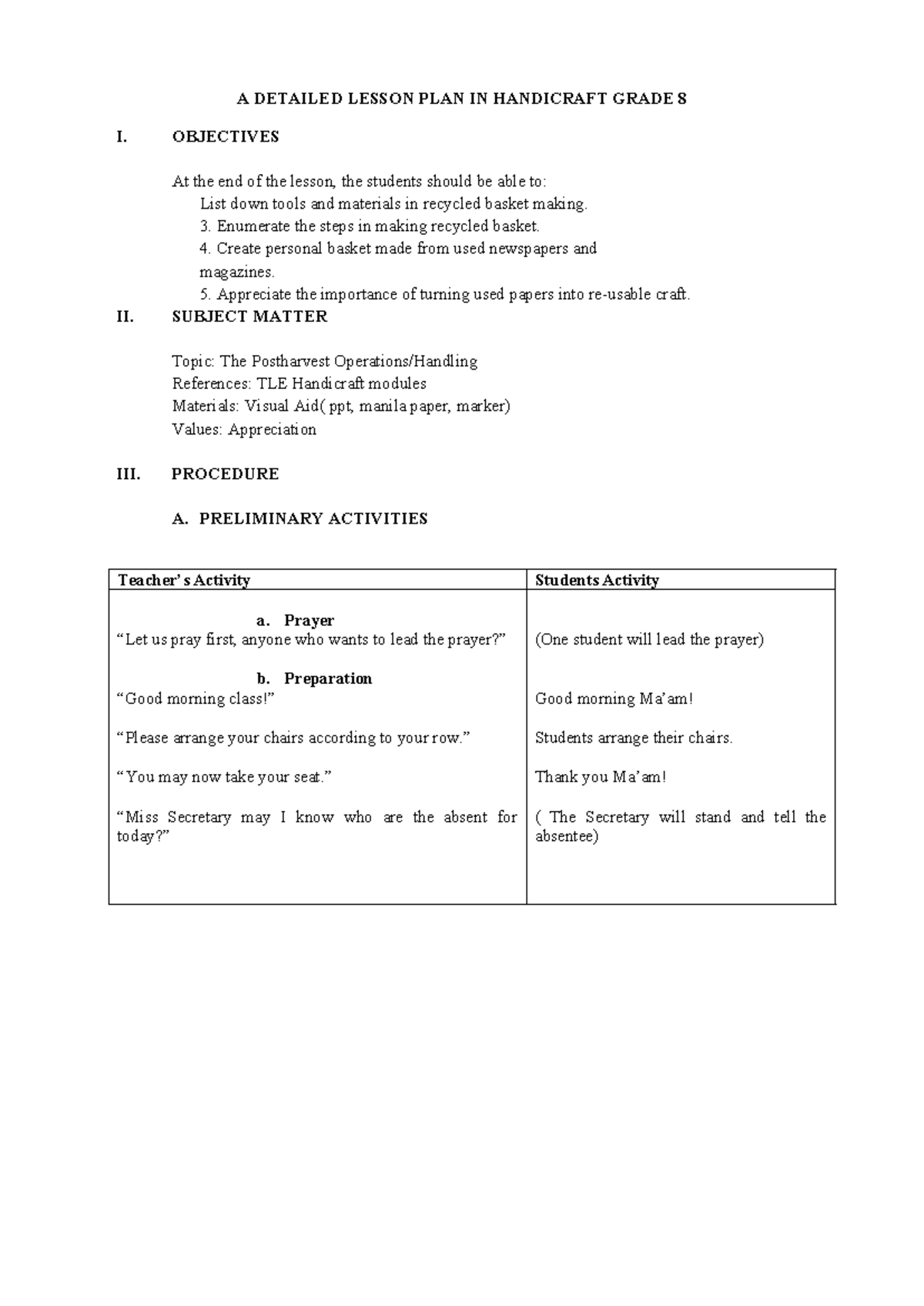 Detailed Lesson Plan in TLE 8 - Handicraft for 4th Quarter - Studocu