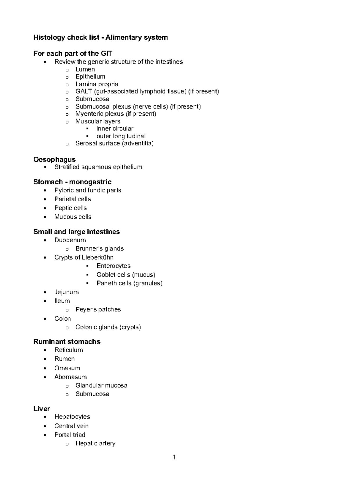 Histology Checklist: Alimentary System GIT Structure Review - Studocu