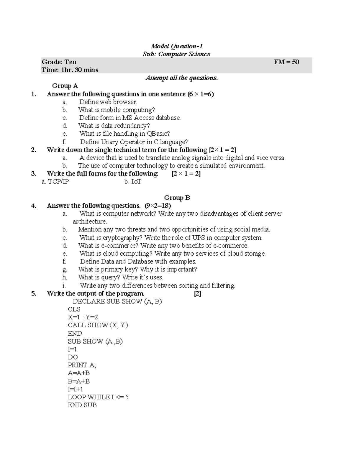 Model Question - this is the ione - Model Question- Sub: Computer ...