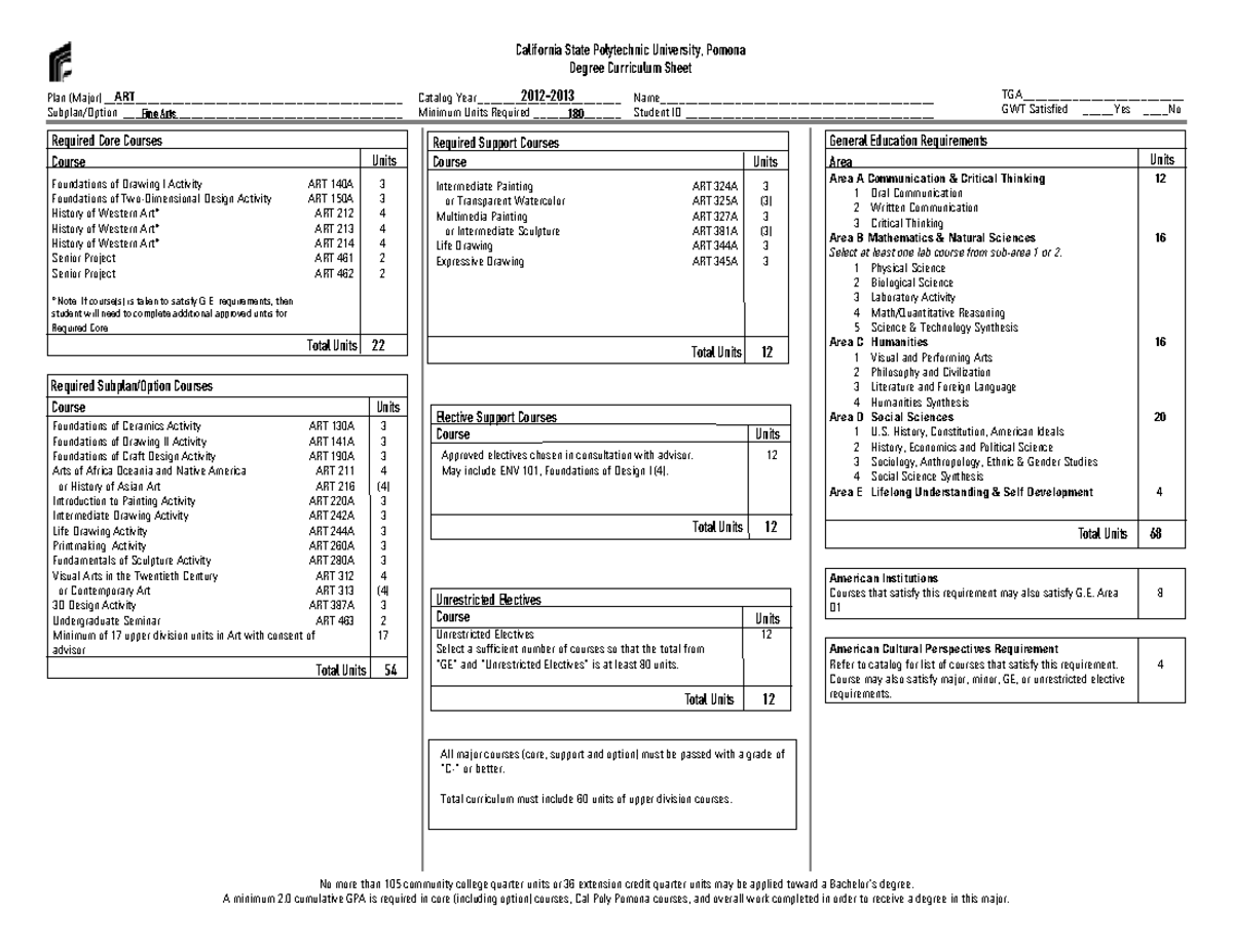 ART 12 - Fine Arts Degree Curriculum Sheet at Cal Poly Pomona - Studocu