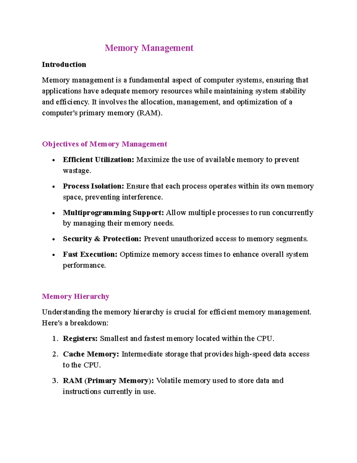 Memory Management Overview: Allocation, Strategies, and Hierarchies - Studocu