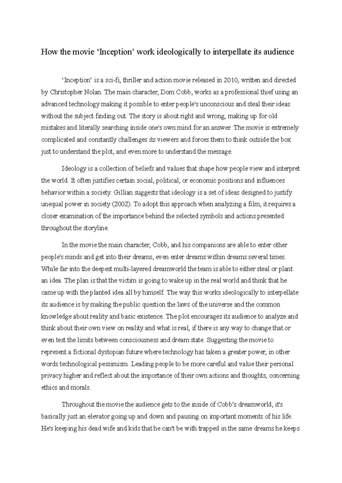 CST 201: Ideological Analysis of Inception (2010) - A Cultural Study ...