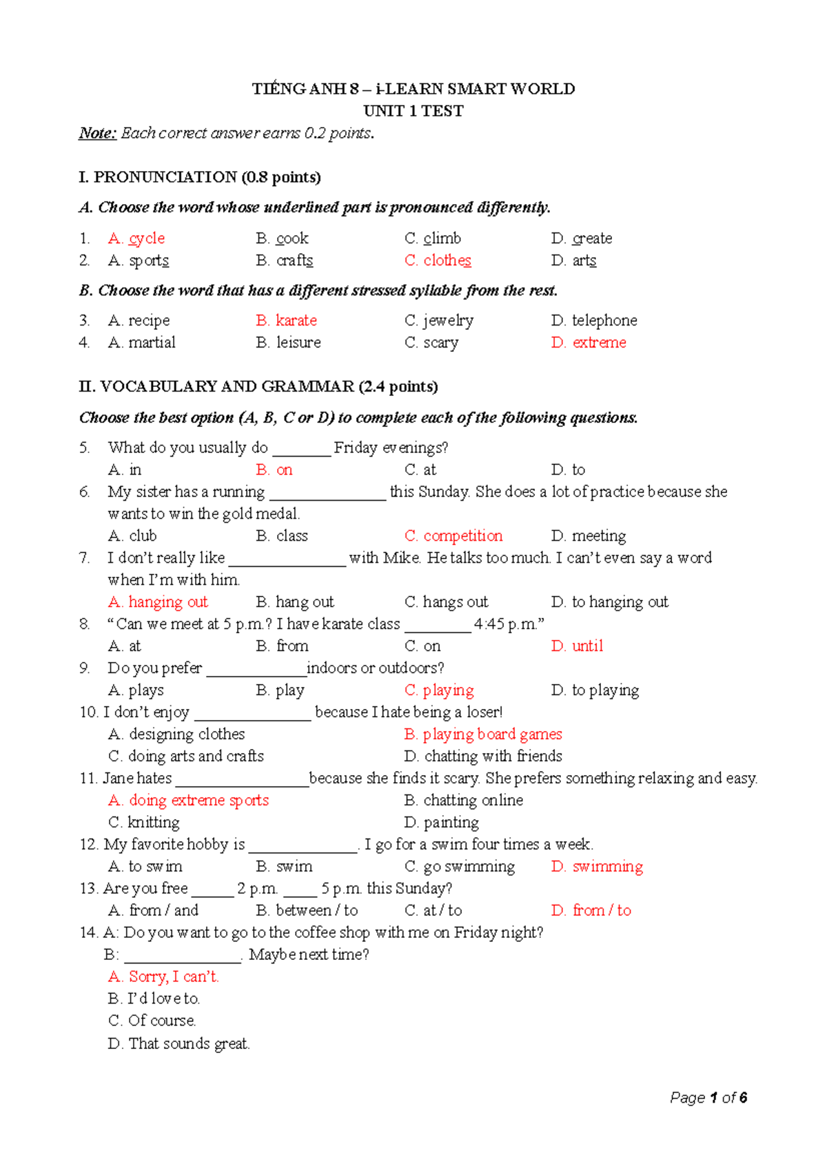 Unit 1 Test Key - English 8 Practice Test Answers - Studocu
