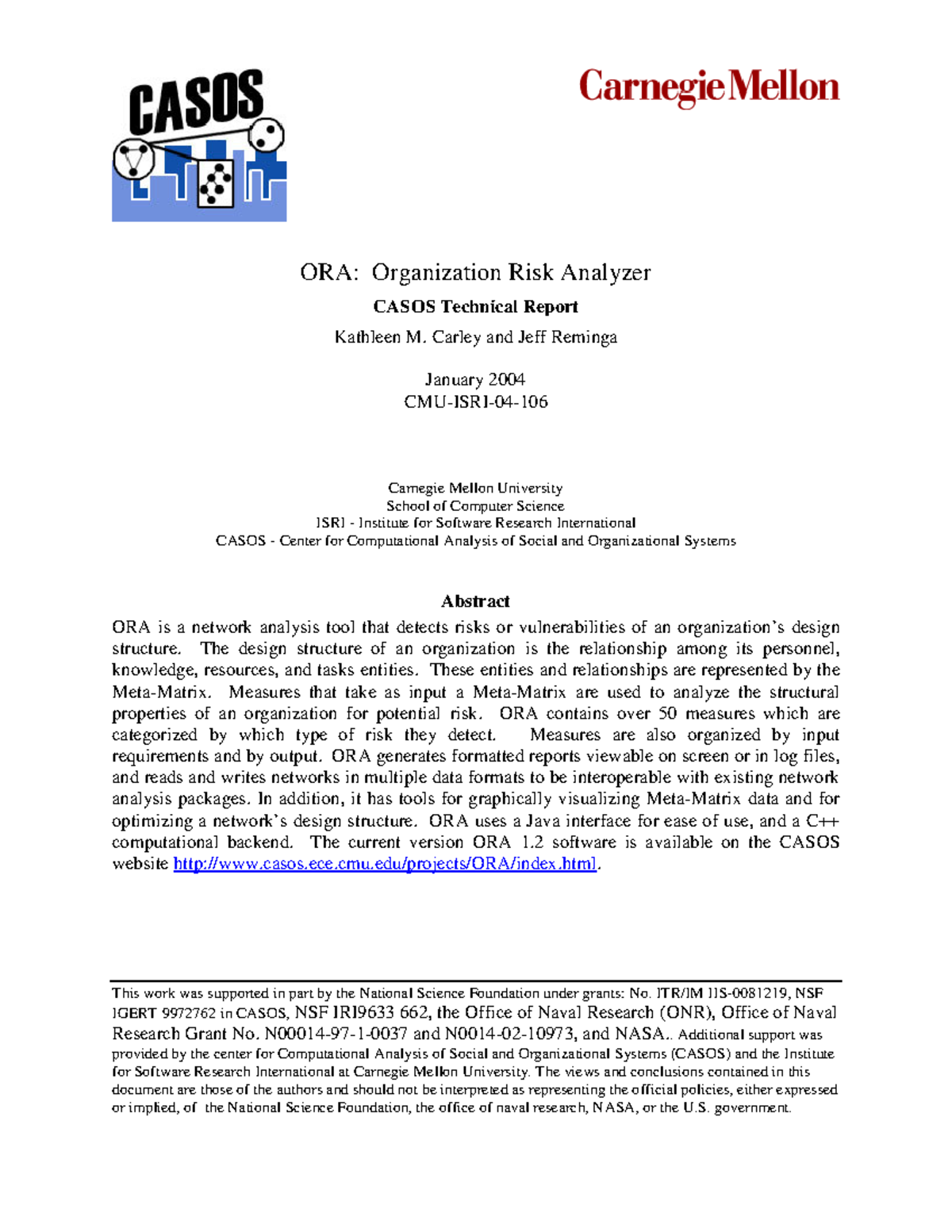 Organization Risk Analyzer CASOS Technical Report - Carnegie Mellon ...