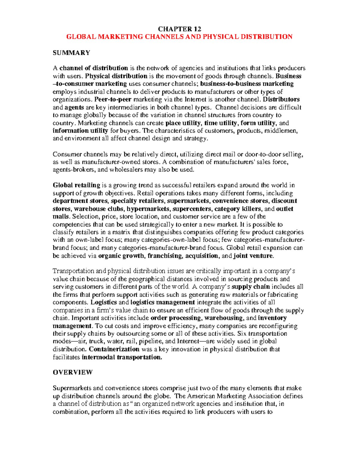 Ch12 Global Marketing Channels & Physical Distribution Overview - Studocu