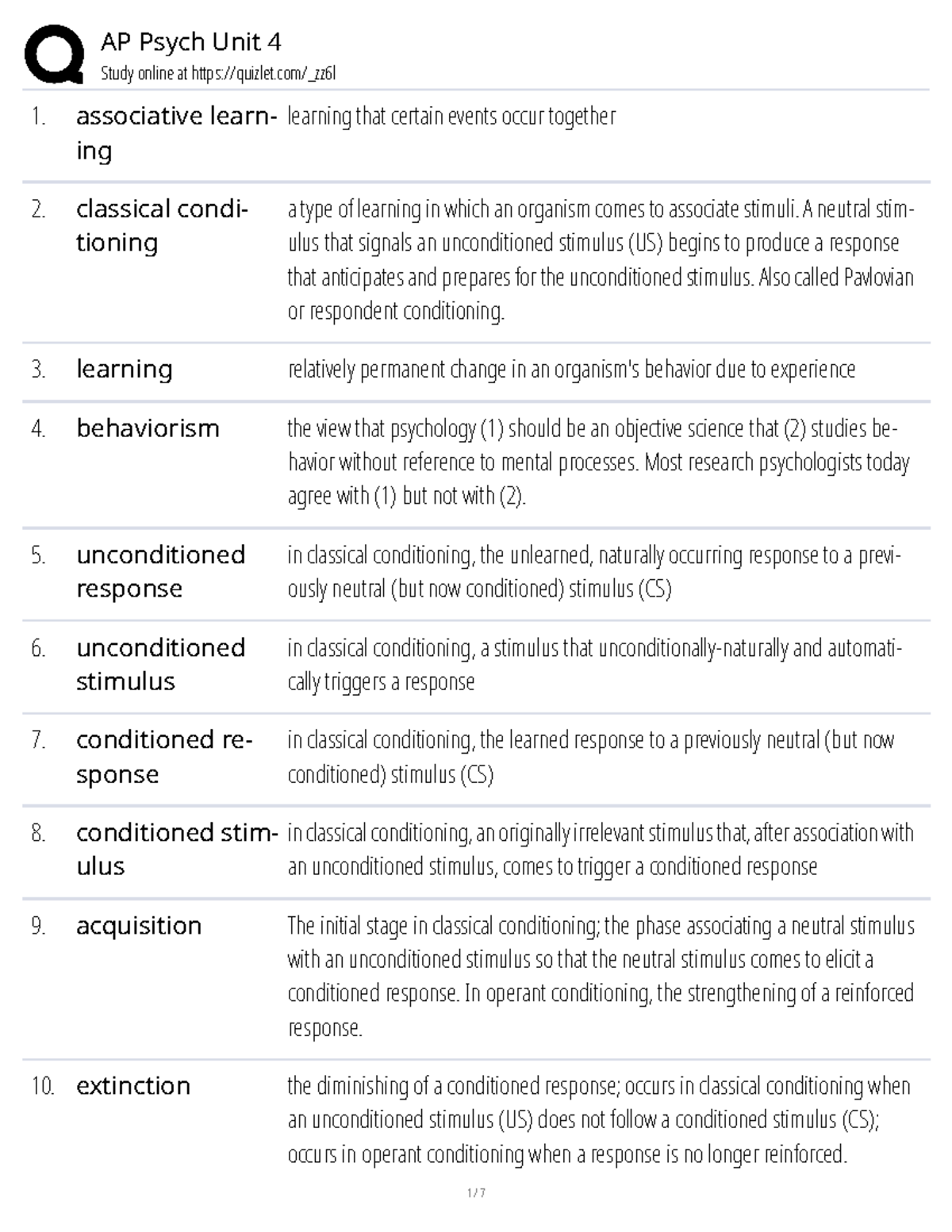 AP Psychology Unit 4 Vocabulary List for Study and Review - Studocu