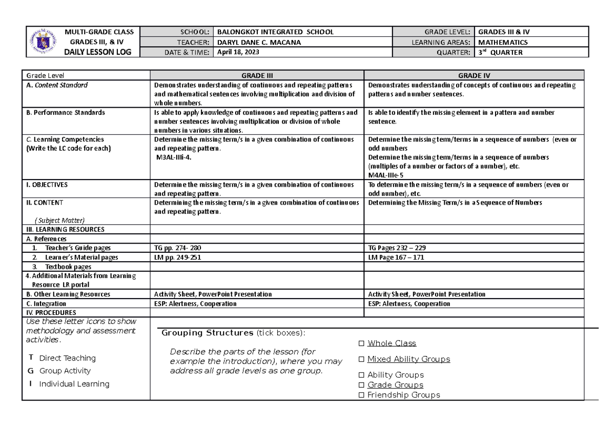 Daily Lesson Log: Math for Multigrade III & IV (3rd Quarter) - Studocu