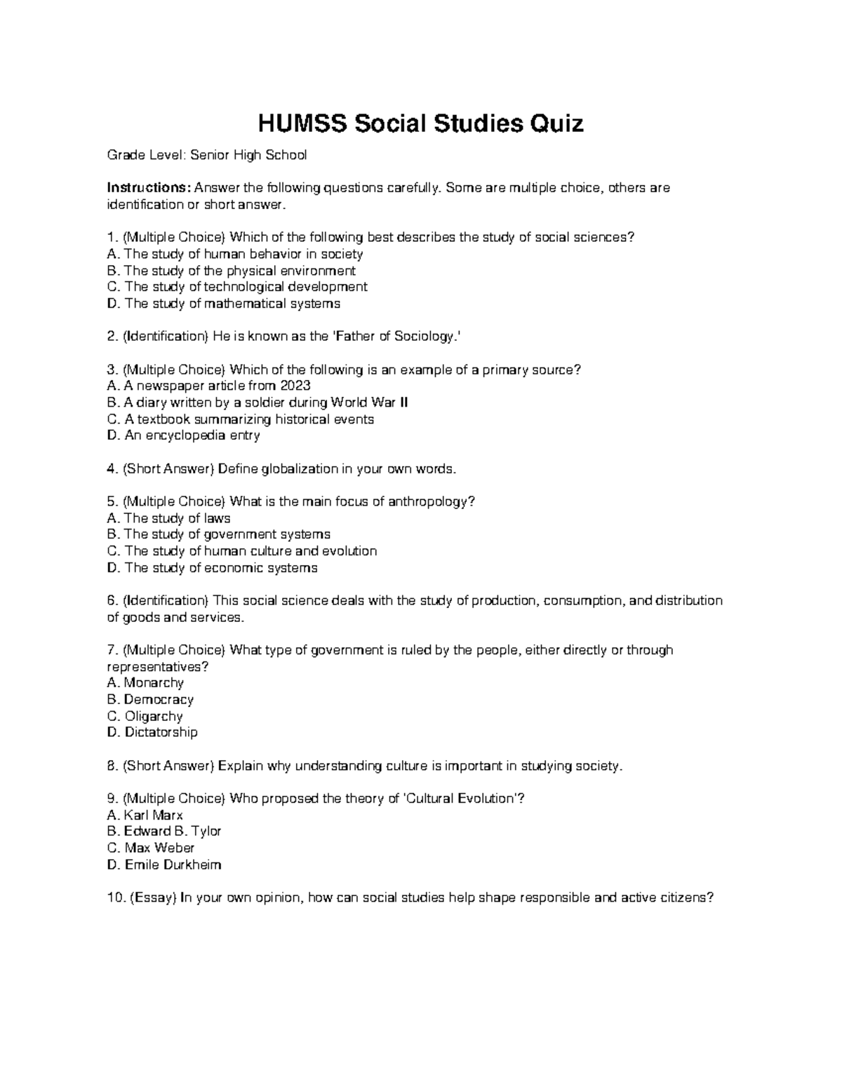 HUMSS Social Studies Quiz - Studocu