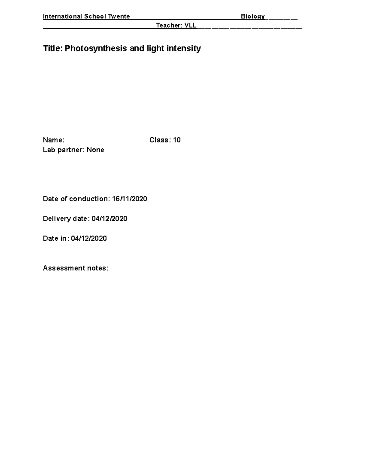 Biology IGCSE Lab Report: Effects of Light Intensity on Photosynthesis ...