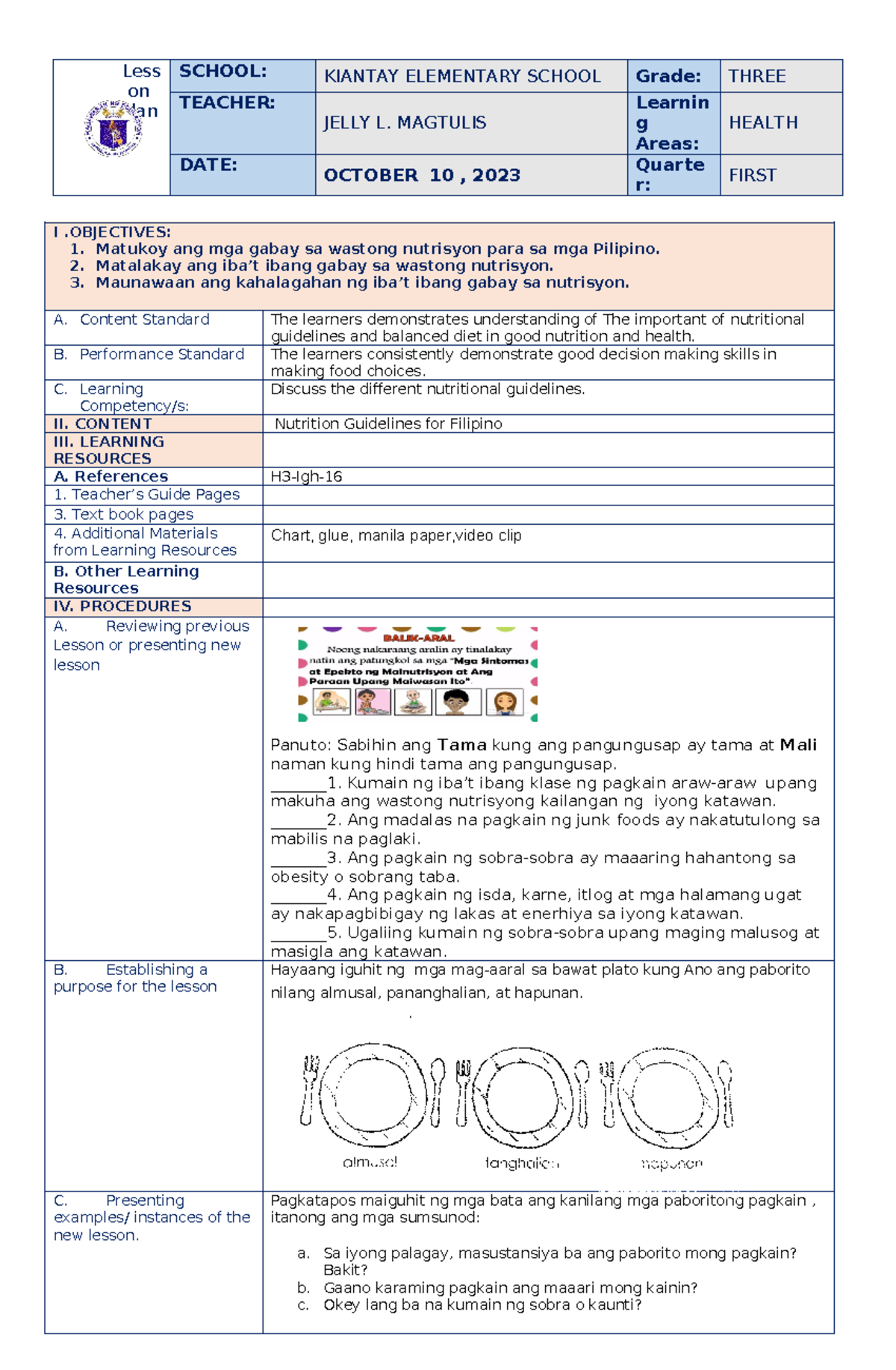 Grade 3 COT1 Health Q1 - COT - Less on Plan SCHOOL: KIANTAY ELEMENTARY ...