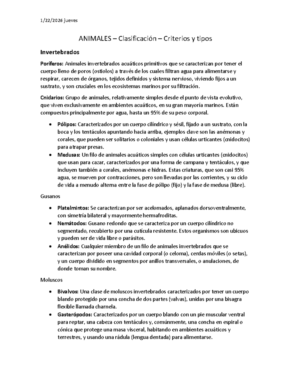 Clasificación y Tipos de Animales Invertebrados - Biología J - Studocu