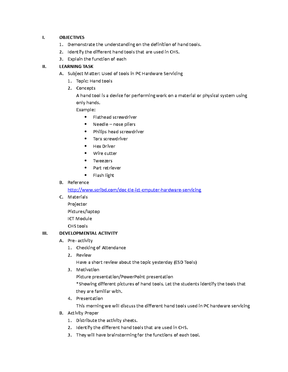 Hand Tools grade 7 - first grading - I. OBJECTIVES Demonstrate the ...